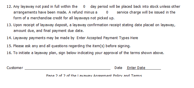 Antique Mall POS Software Mall Layaway Agreement