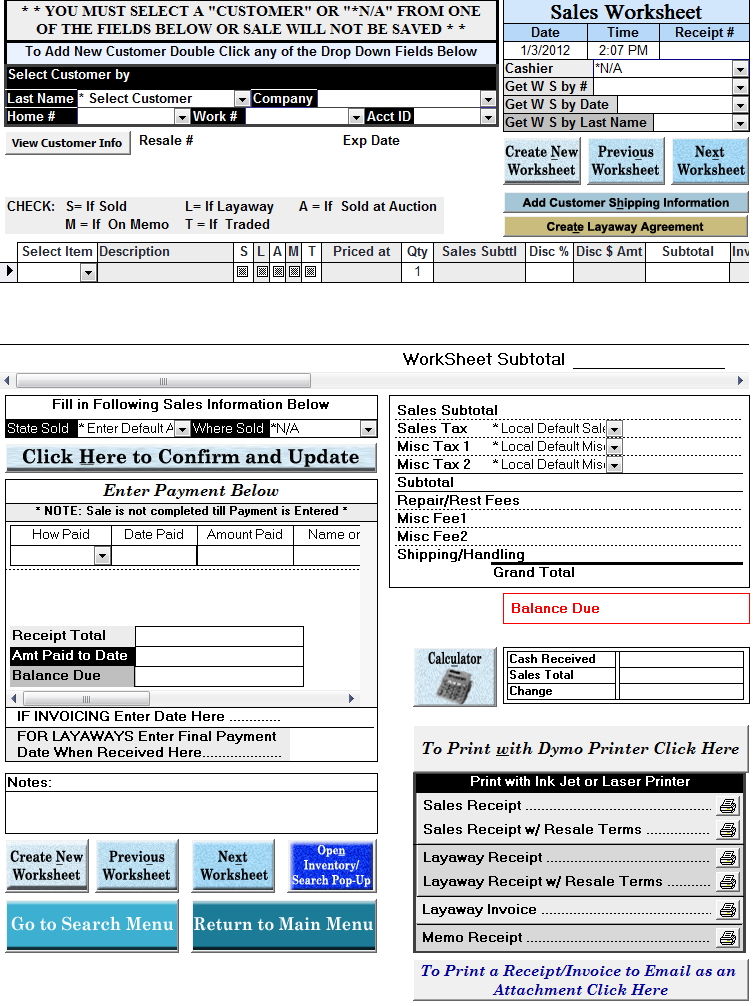 Sales Data Entry WorkSheet Form